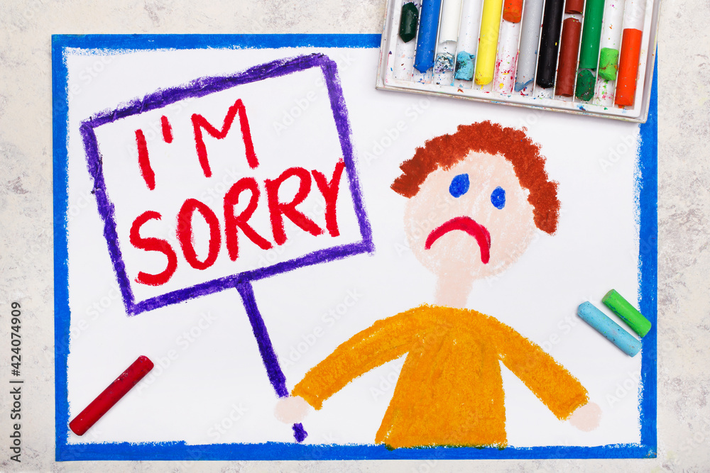 Colorful drawing: Sad man holding a sign with word: I'm sorry Stock ...