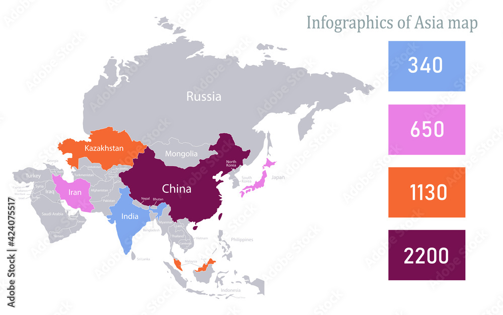 Infographics of Asia map, individual states with names vector Stock ...