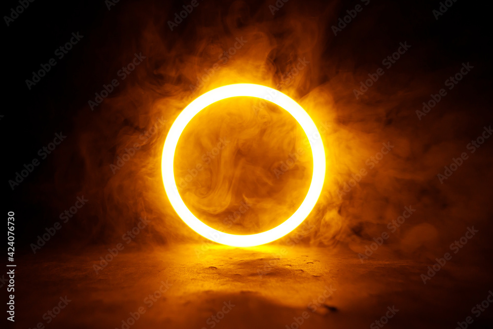 Sci Fi modern. Futuristic smoke. Neon color geometric circle on a dark ...