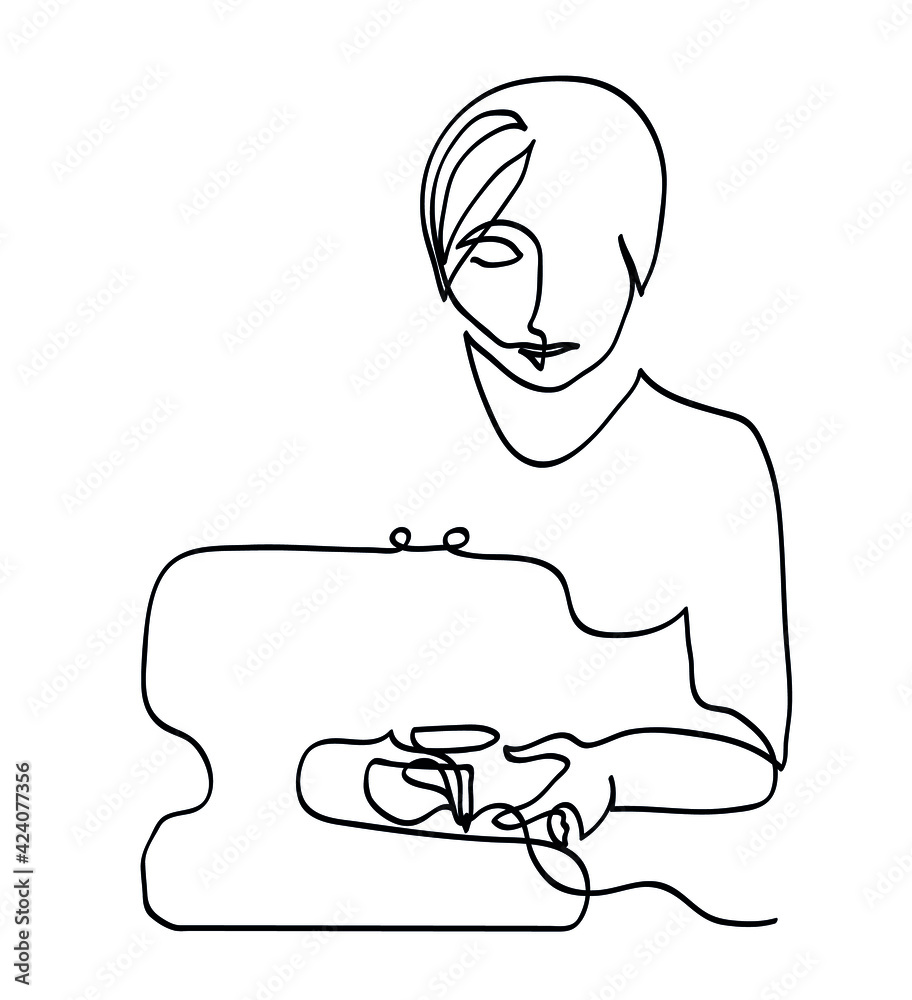 Stockvector One line drawing of woman and sewing machine. One ...