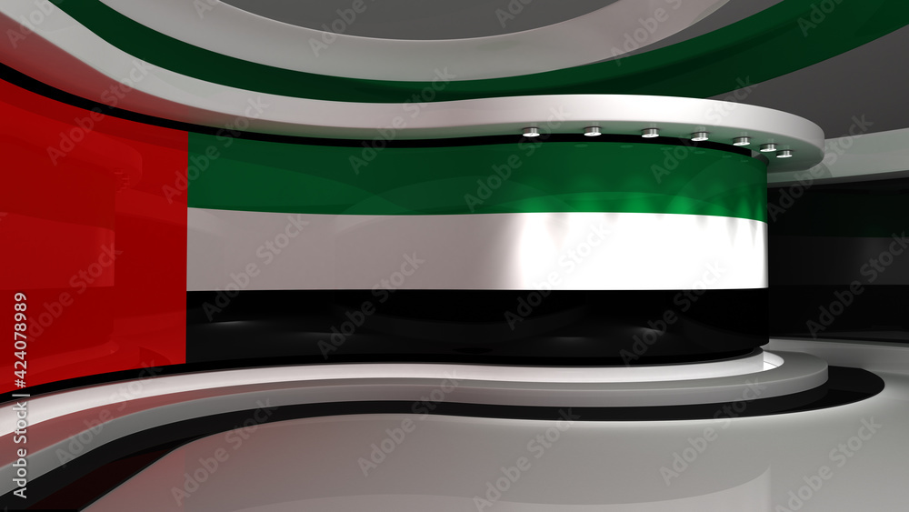 TV studio. Dubai flag studio. Dubai flag background. News studio. The ...