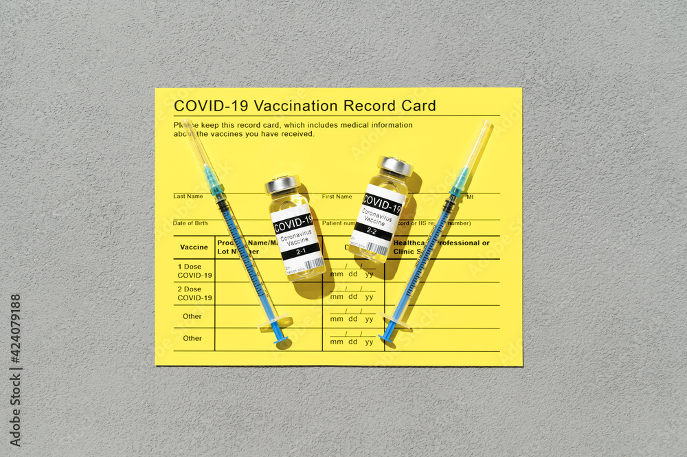 Foto de Coronavirus vaccination concept. Top view of yellow vaccination ...