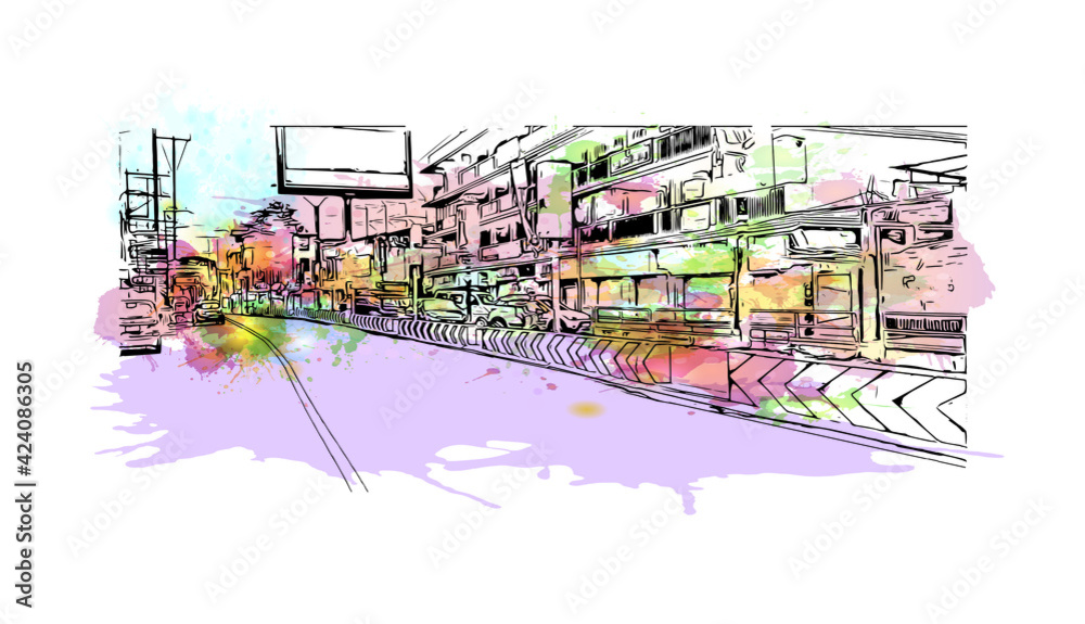 Building view with landmark of Dimapur is a city in India. Watercolour ...