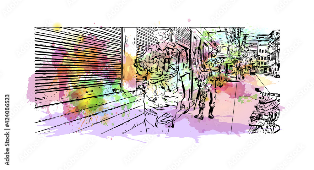 Building view with landmark of Dimapur is a city in India. Watercolour ...