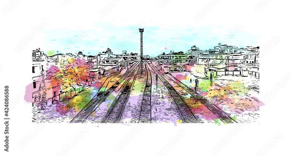 Building view with landmark of Dimapur is a city in India. Watercolour ...