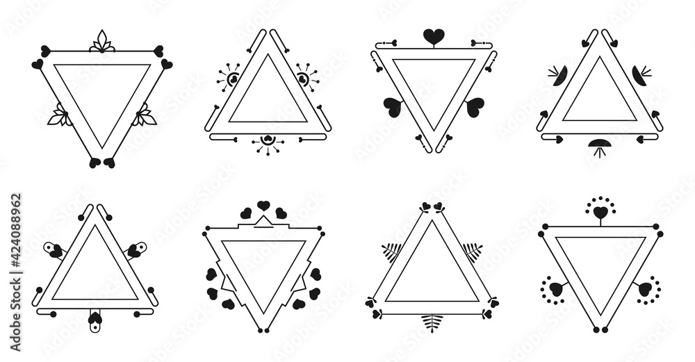 Ornate tricorn with thin line border set. Graphic triangular with heart ...