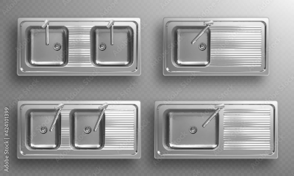 Stainless kitchen sinks with faucets in top view. Vector realistic set ...