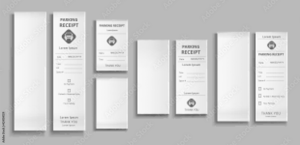Parking receipts 3d vector templates, paper pay check for car park ...