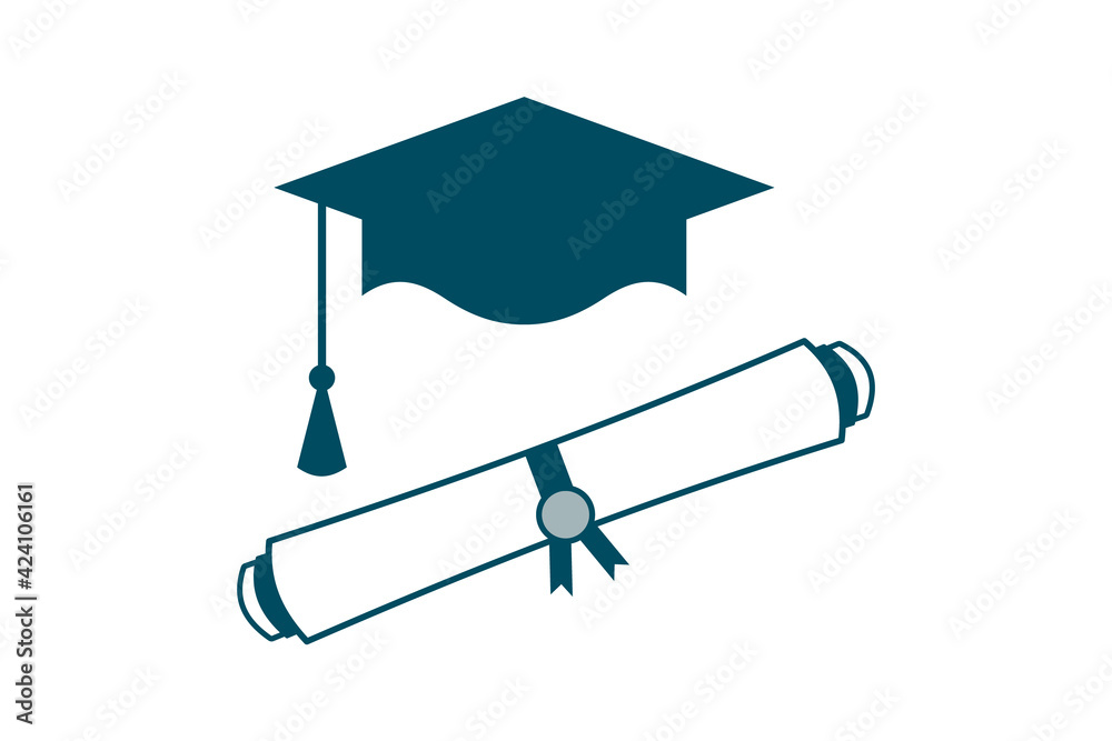 Graduation cap and diploma scroll icon. Blue mortarboard and college ...