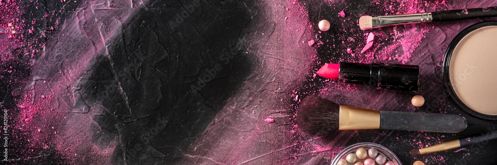 Make-up panorama with cosmetics products and tools Stock Photo | Adobe ...