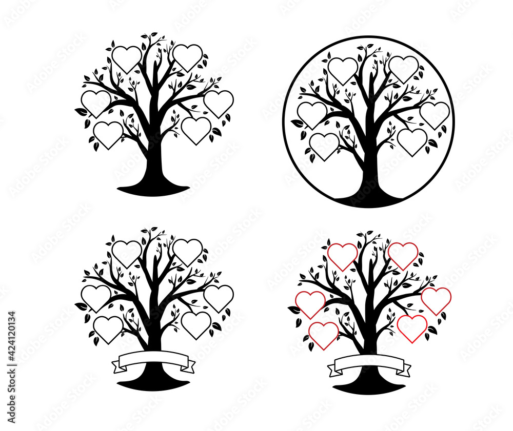 Vector illustration family tree black and red with hearts. Stock Vector ...