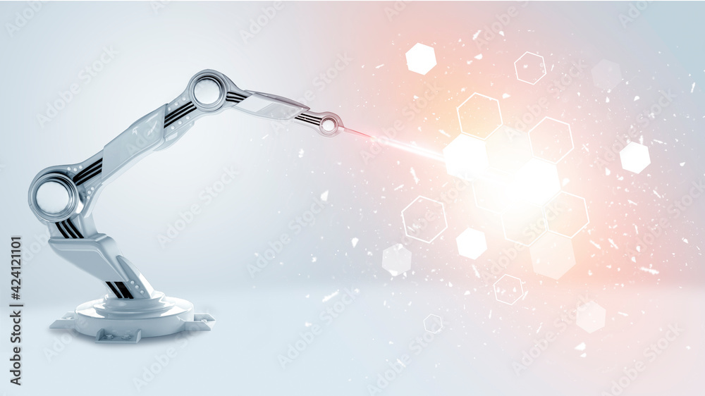 Robotic robot arm, industrial machine with laser beam. Futuristic light ...