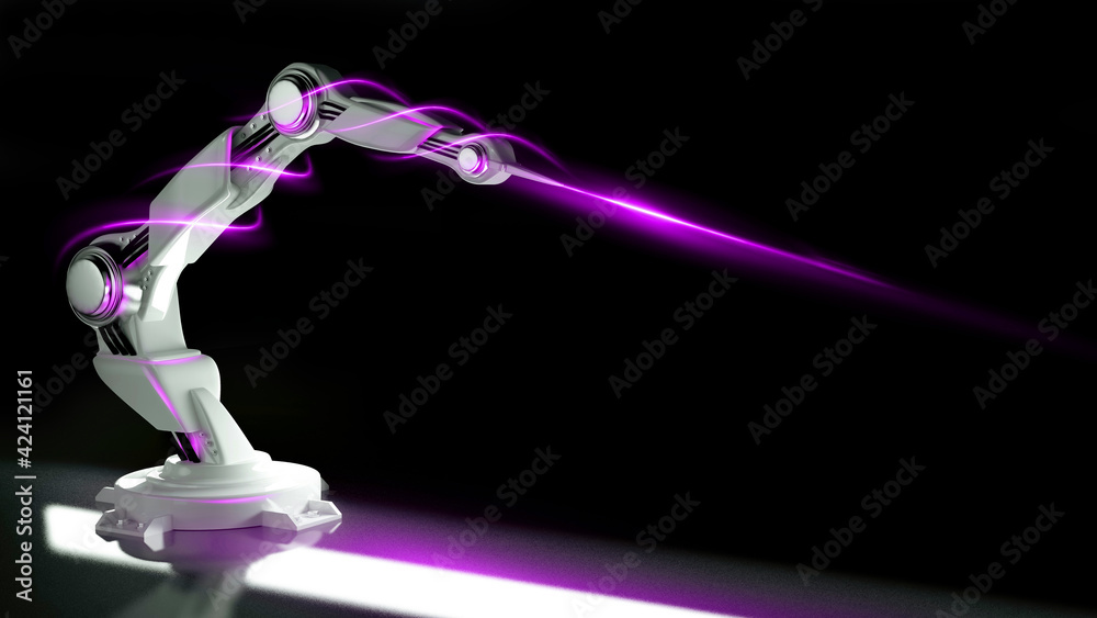 Robotic robot arm, industrial machine with laser beam, neon light ...
