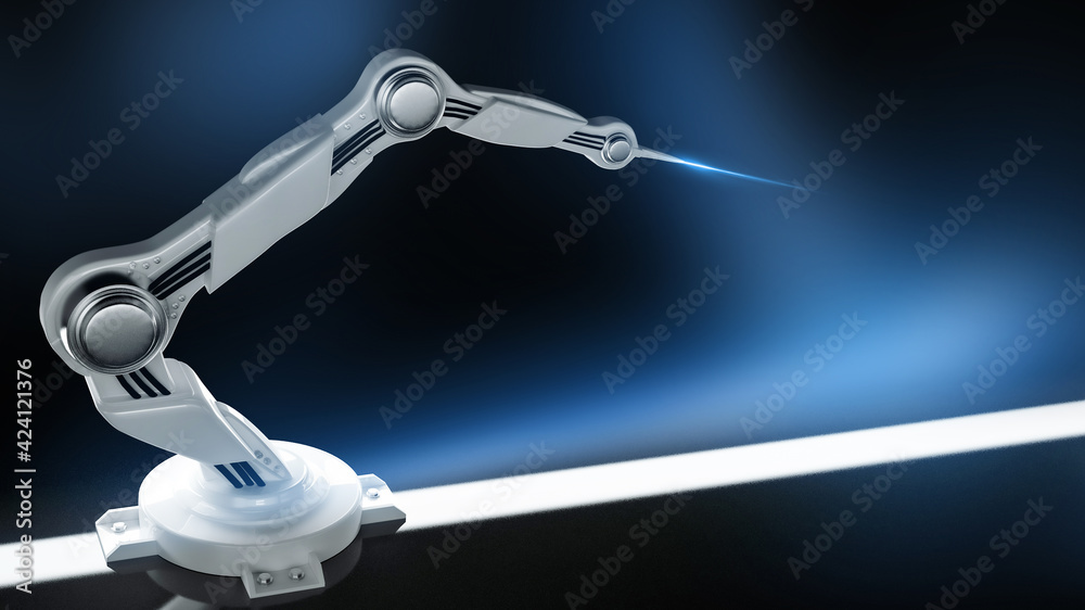 Robotic robot arm, industrial machine with laser beam, neon light ...