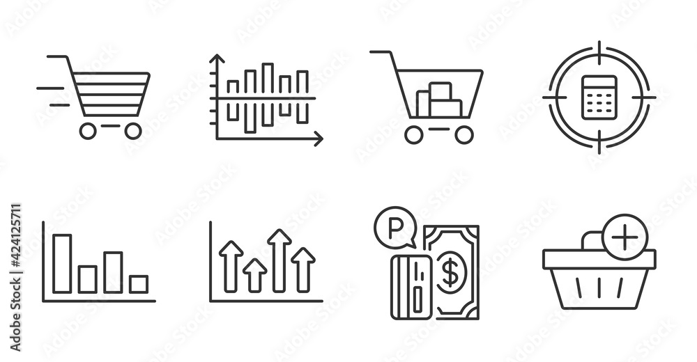 Delivery shopping, Histogram and Add purchase line icons set. Upper ...