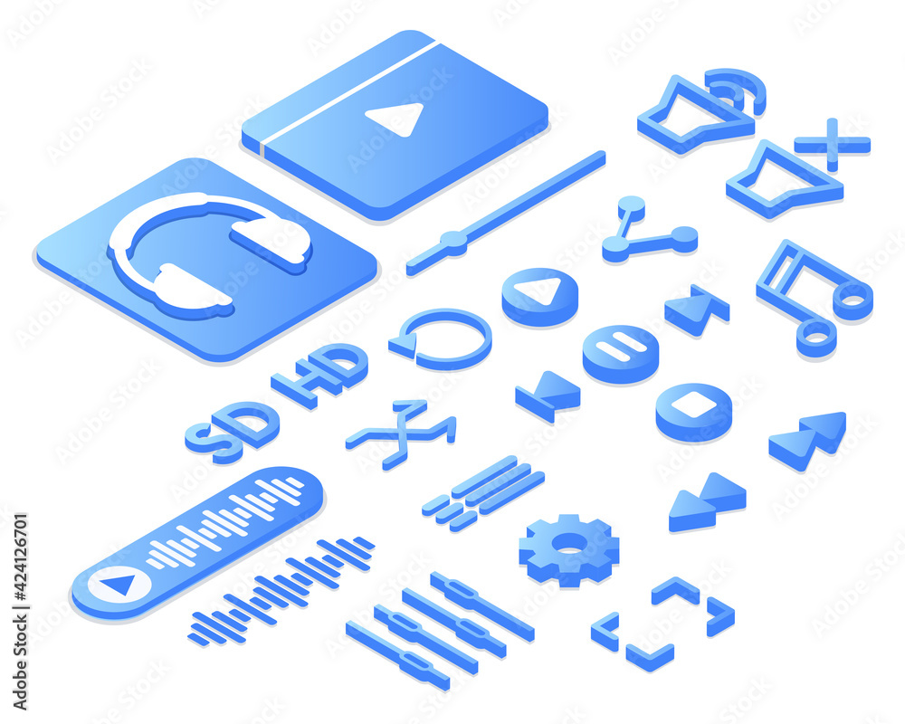 3D icon set for music or video application. Play, stop, next buttons ...