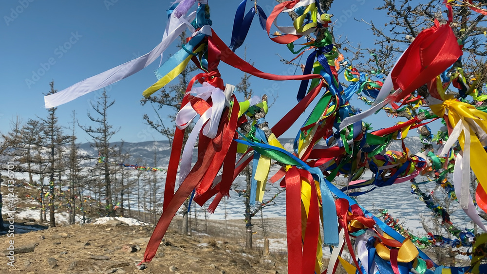 Colorful Tibetan Buddhist ribbons tied to a tree flutter in the wind ...