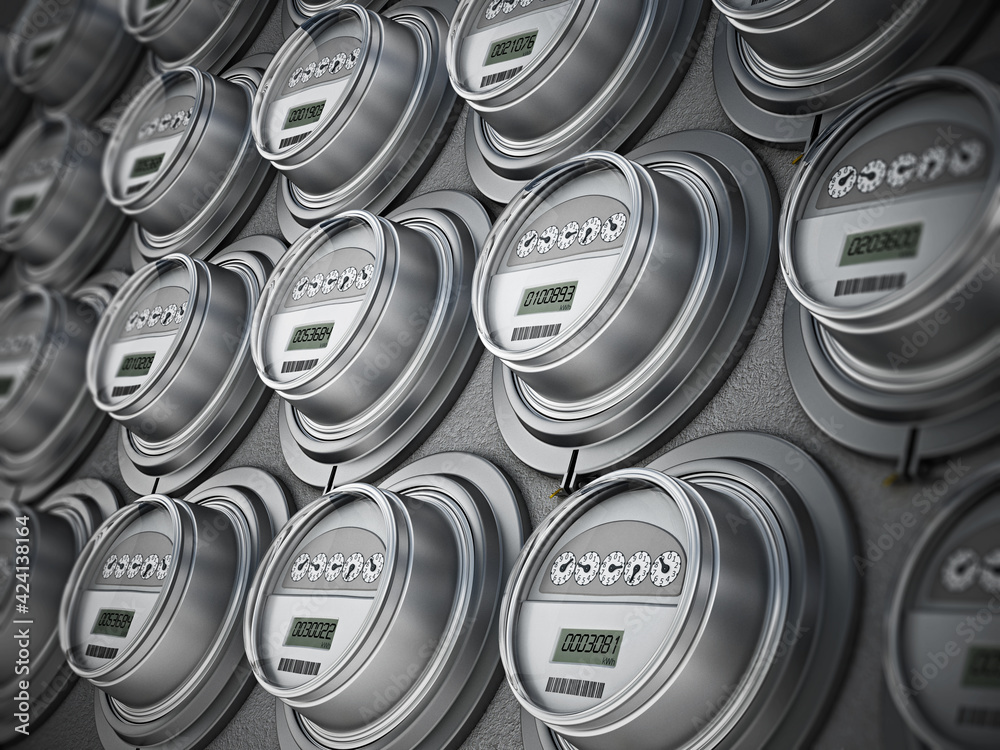 Energy efficient smart electric meters in a row. 3D illustration Stock ...