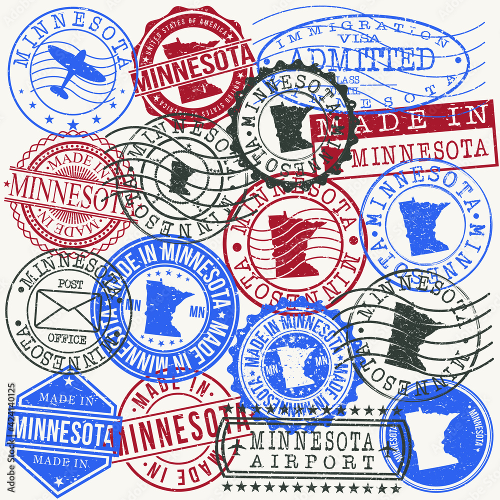 Minnesota, USA Set of Stamps. Travel Passport Stamps. Made In Product ...