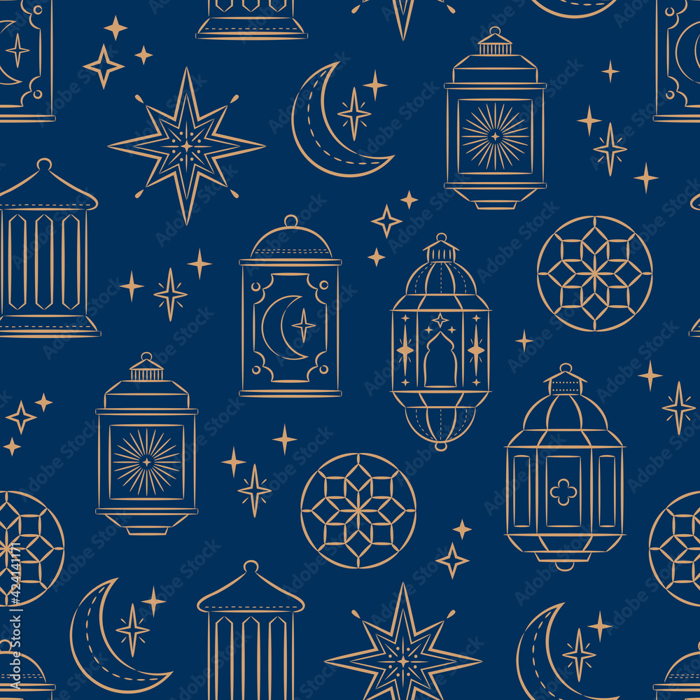 Decorative arab lanterns and stars . Beautiful festive seamless pattern ...
