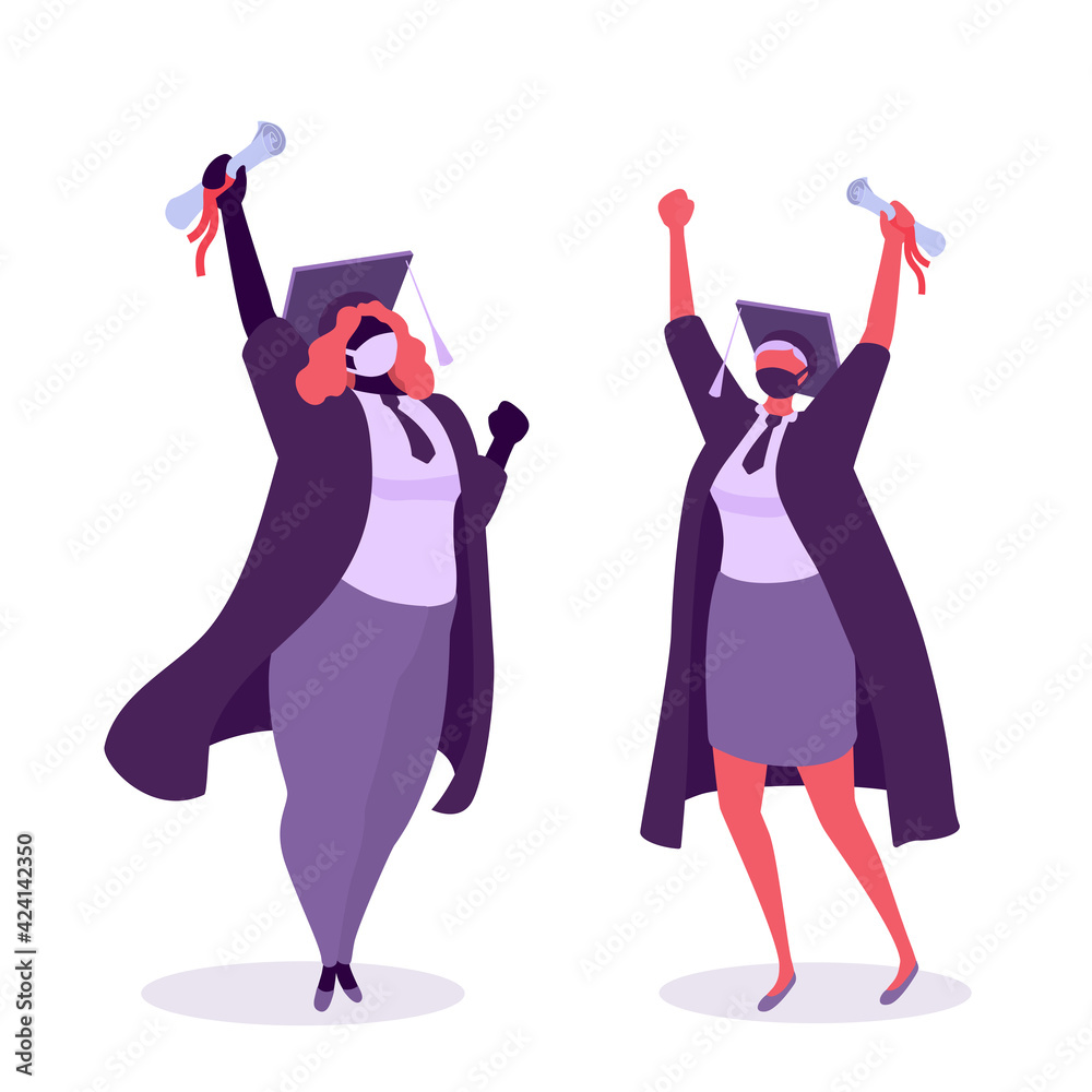 Two women celebrating graduation, holding a diploma, wearing a ...