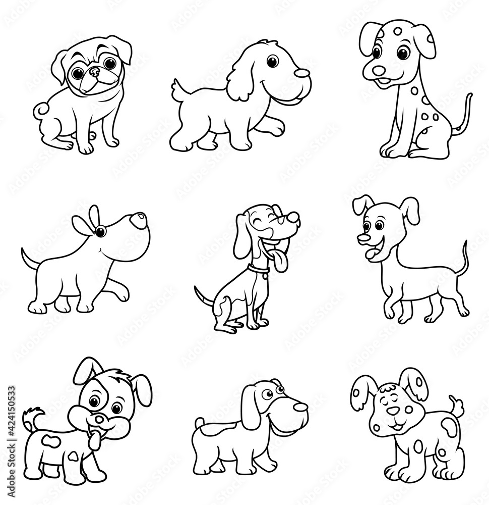 Set of cartoon dogs black line drawing Stock Vector | Adobe Stock