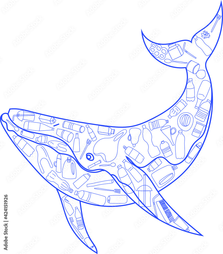 Vector illustration of plastic in the middle of a whale. Environmental ...