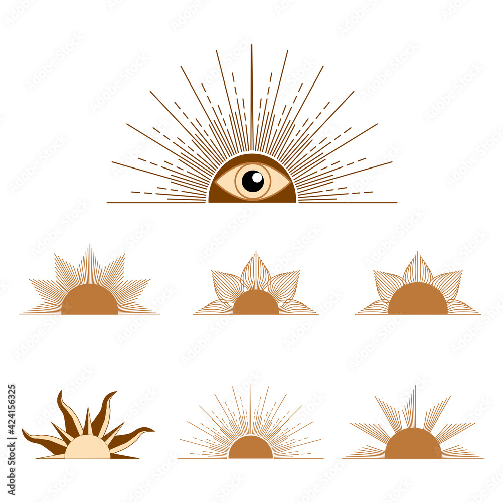 Magic concept, vintage sun with face, gold and black, engraving ...