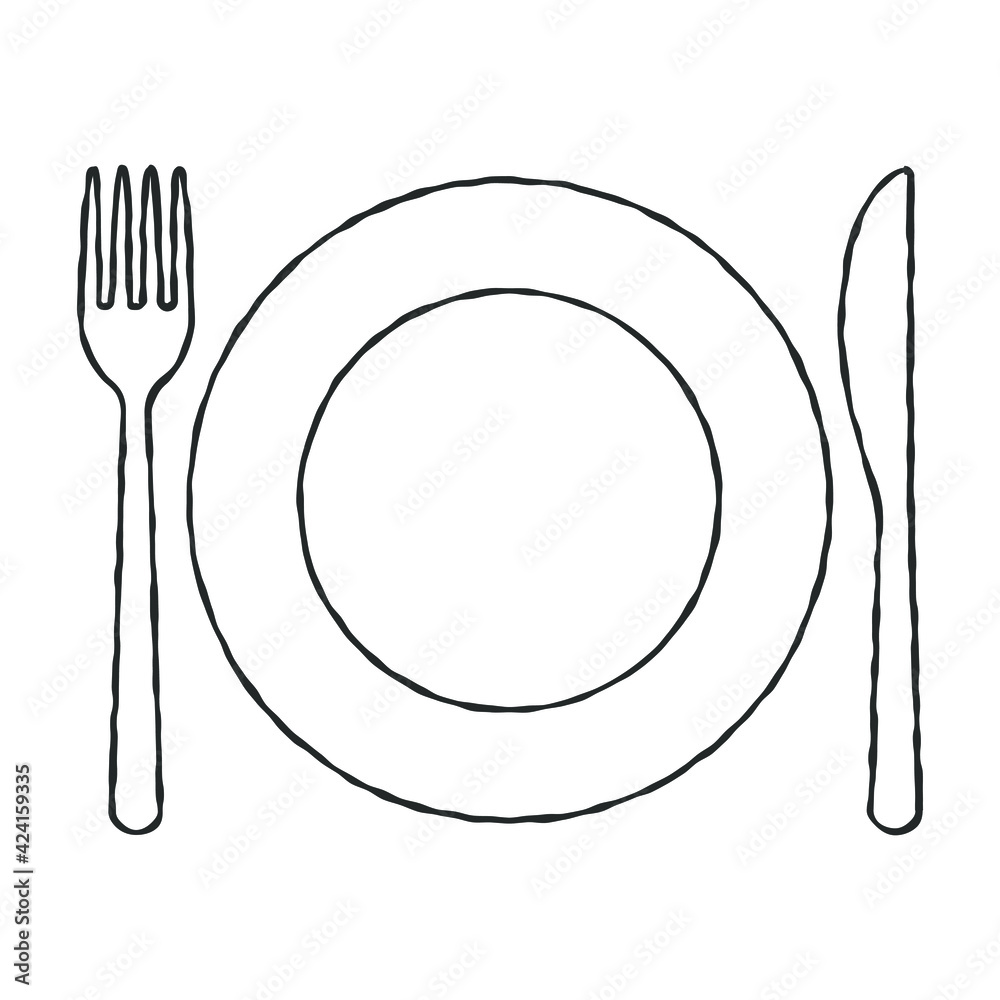Fork knife and plate icon. Simple flat shape restaurant or cafe place ...