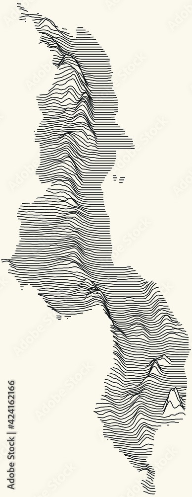 Light topographic map of the Republic of Malawi with black contour ...