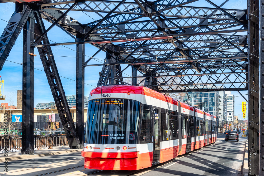 Toronto streetcar in the Sir Isaac Brock Bridge in Bathurst Street ...