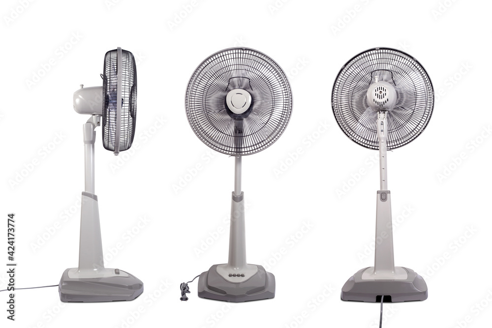 Three floor Electric fans, Adjustable height and low, Isolated on white ...
