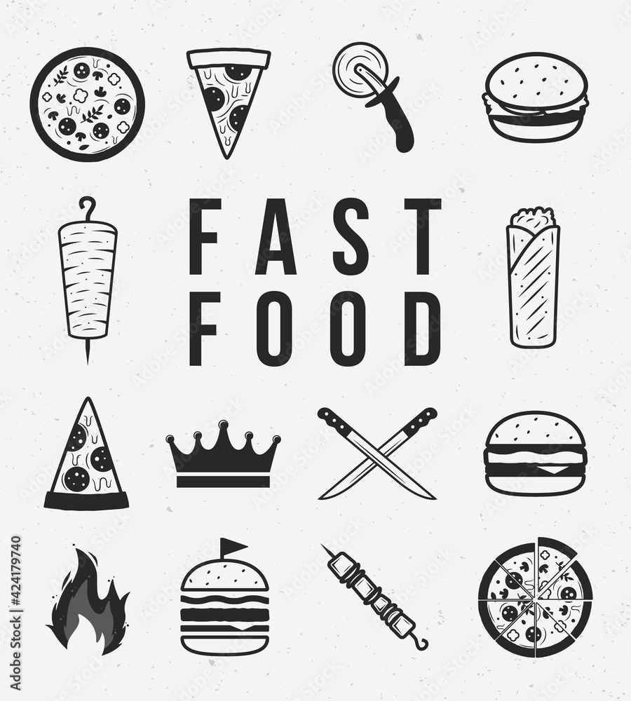 Fast food icons set. Set of 14 fast food icons. Kebab, Burger, Pizza ...