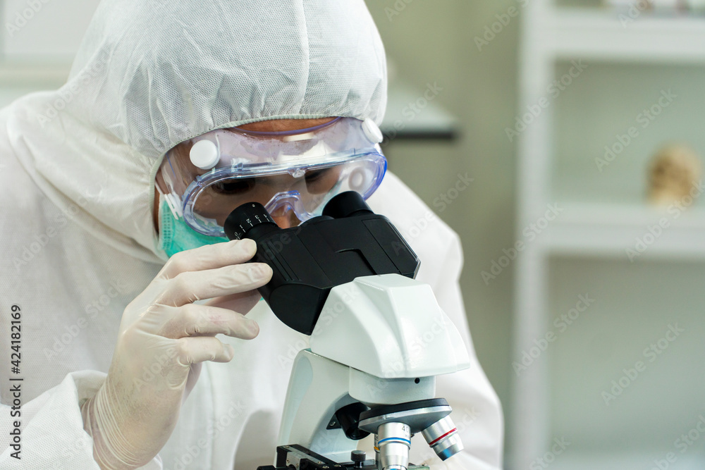 Laboratory research medicine 2019-ncov concept. Scientist man wear ...