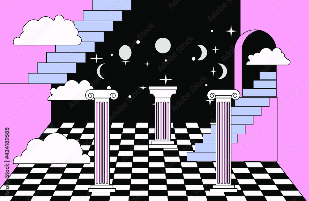 Surreal vaporwave room interior with a checkerboard floor, pillars and ...