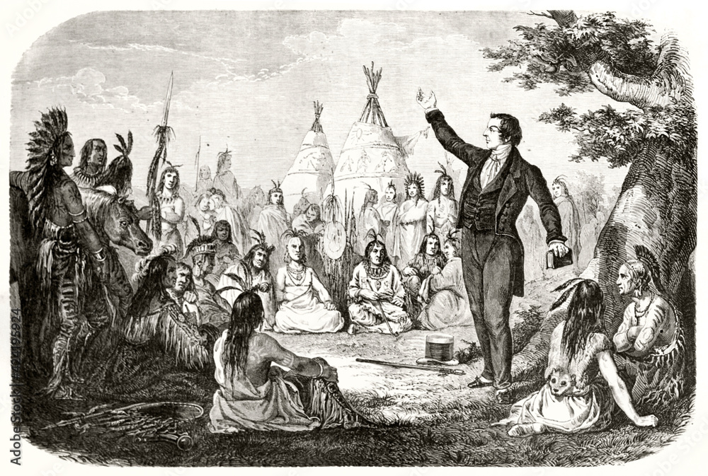 Joseph Smith, Mormonism founder, haranguing Indians seated around him ...