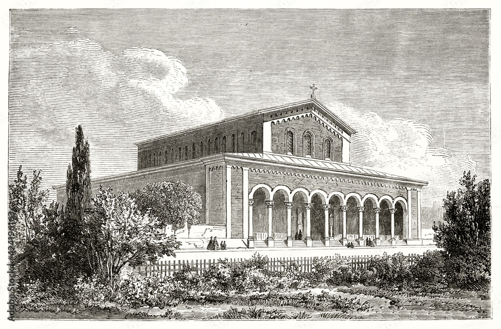 medieval edifice with arches porch, isolated and surrounded by nature ...