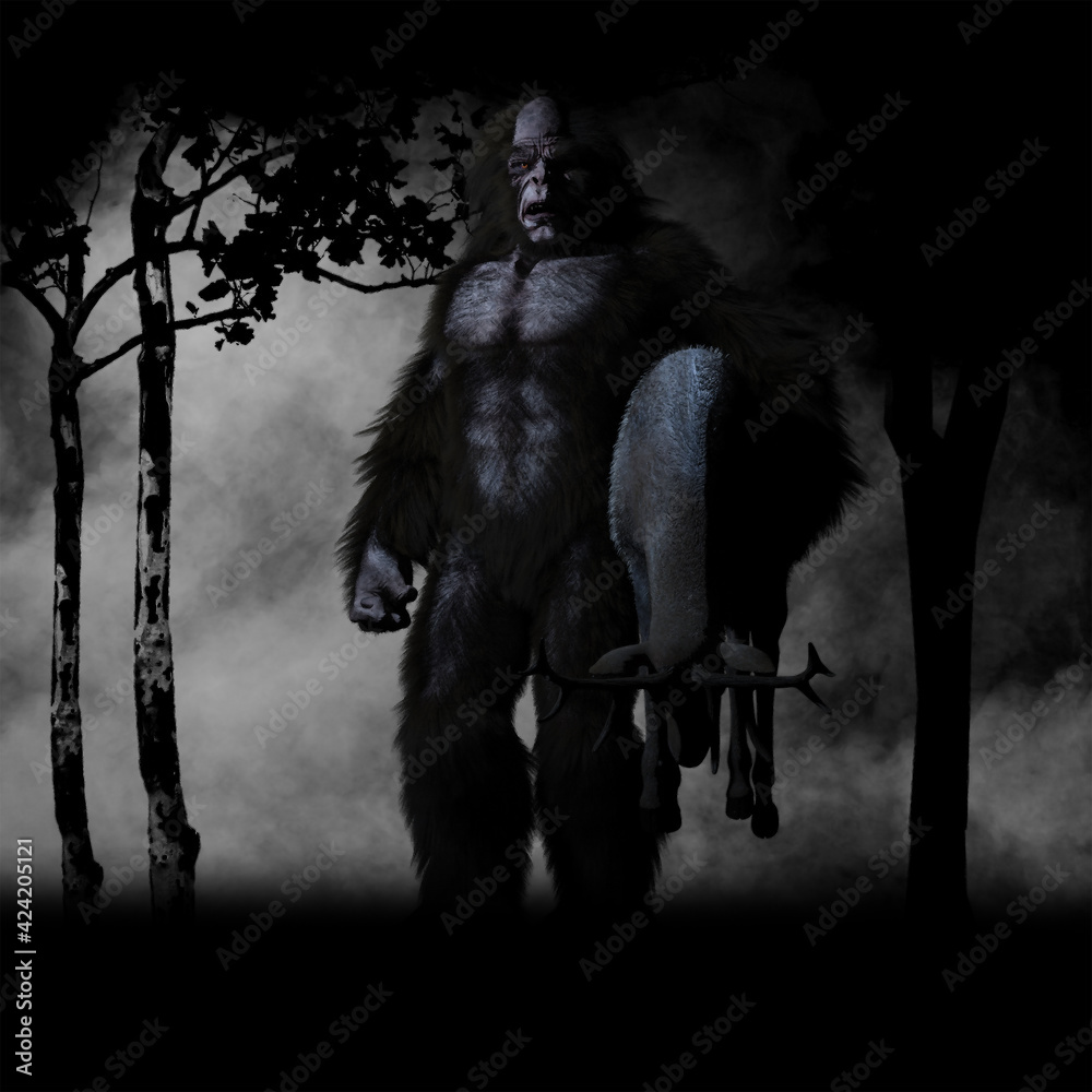 Illustration of the Genoskwa variety of Bigfoot holding a dead Deer in ...