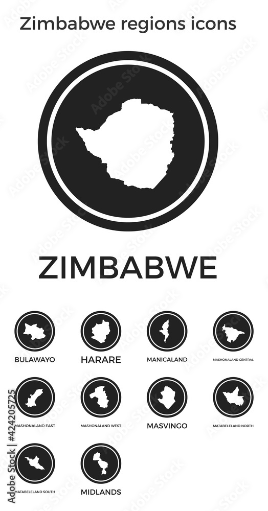 Zimbabwe regions icons. Black round logos with country regions maps and ...