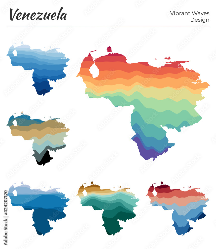 Set of vector maps of Venezuela. Vibrant waves design. Bright map of ...