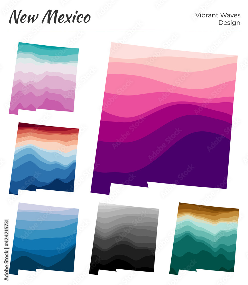 Set of vector maps of New Mexico. Vibrant waves design. Bright map of ...
