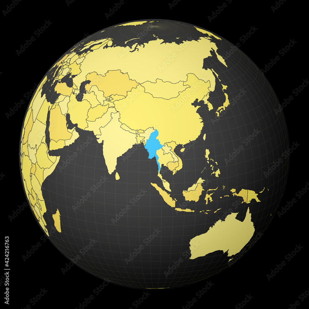 Myanmar on dark globe with yellow world map. Country highlighted with ...