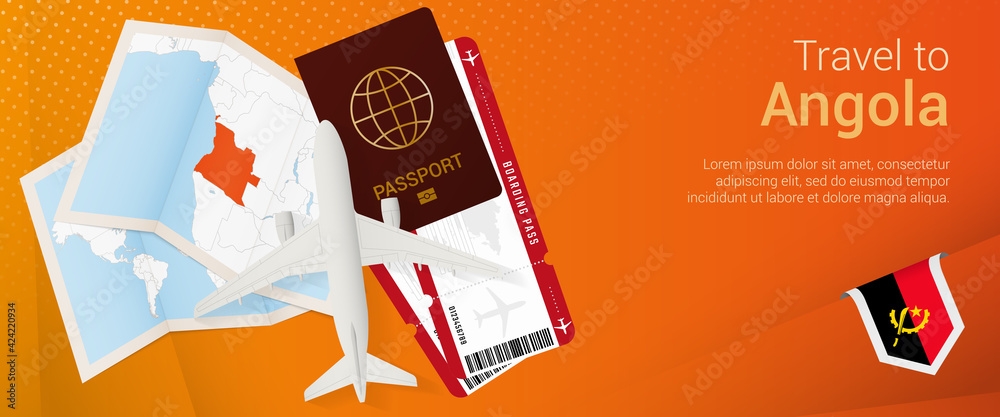 Travel to Angola pop-under banner. Trip banner with passport, tickets ...