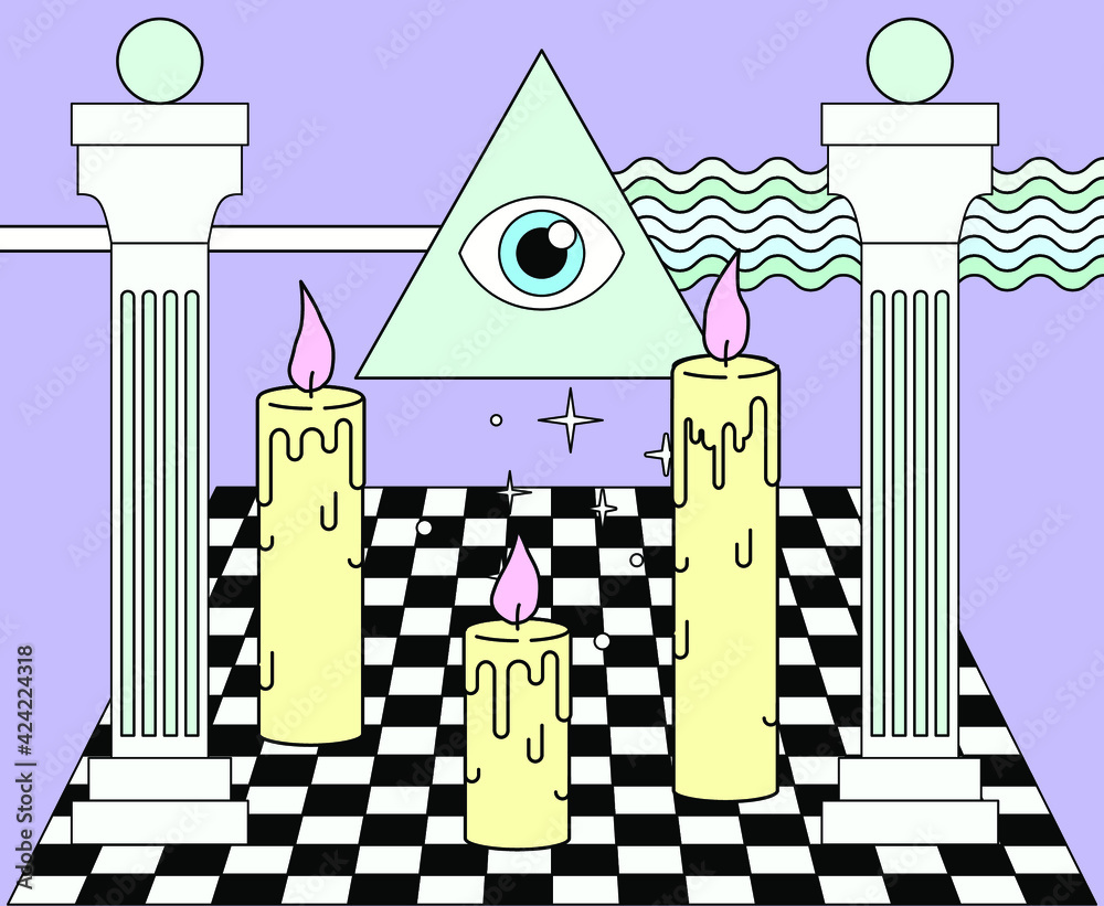 Surreal vaporwave landscape with a checkerboard floor, ancient columns ...