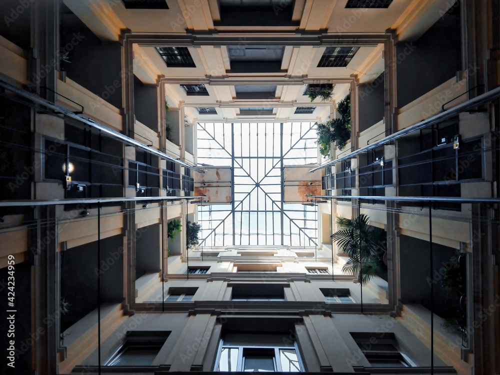 Isometric square bottom view inside a building. Residential building in ...