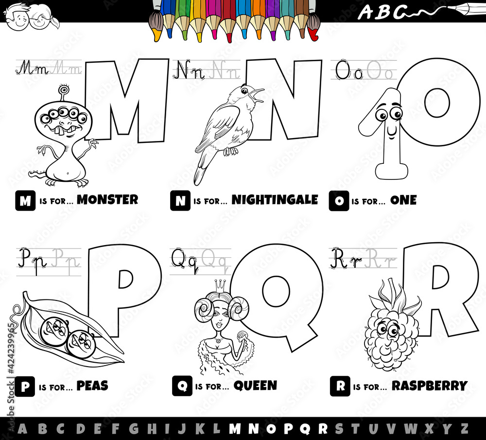 educational cartoon alphabet letters set from M to R color book page ...