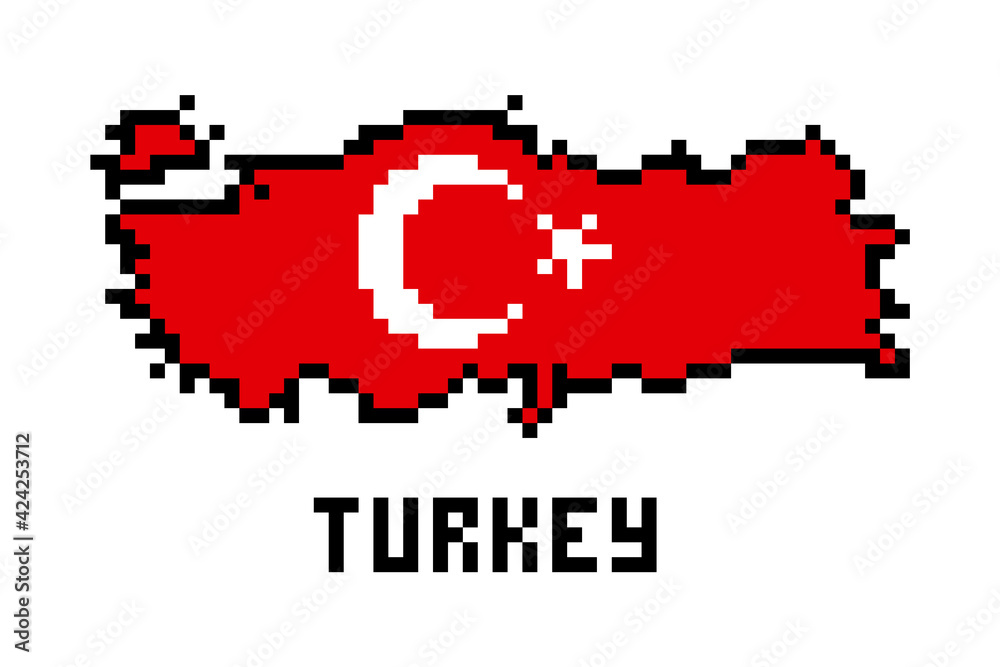 2d 8 bit pixel art Turkey map covered with flag isolated on white background. Old school vintage ...