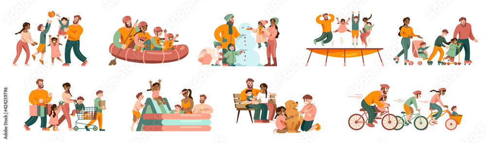 Set of cartoon icons family active holidays parents with kids in ...