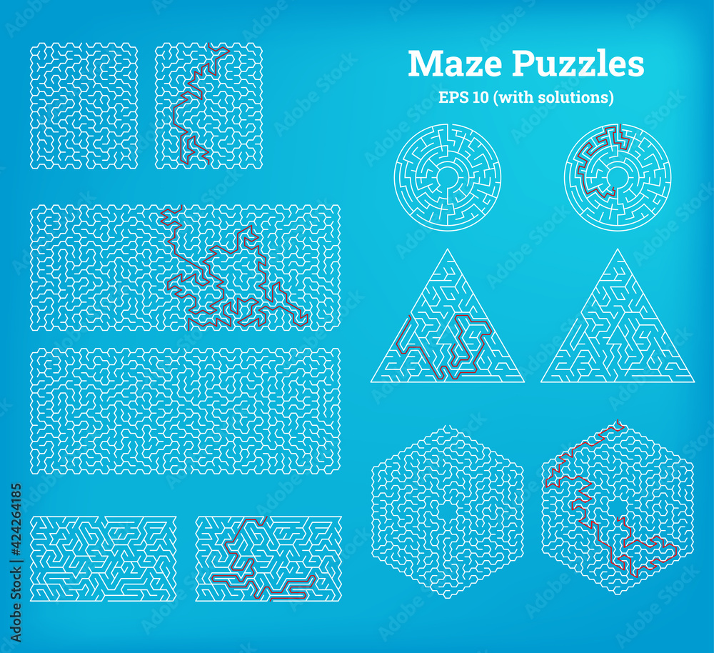Labyrinth templates with solutions in red. Vector illustration square ...