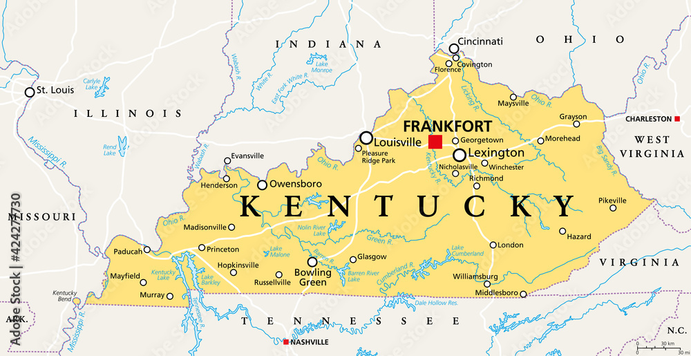 Kentucky KY Political Map With Capital Frankfort And Largest Cities